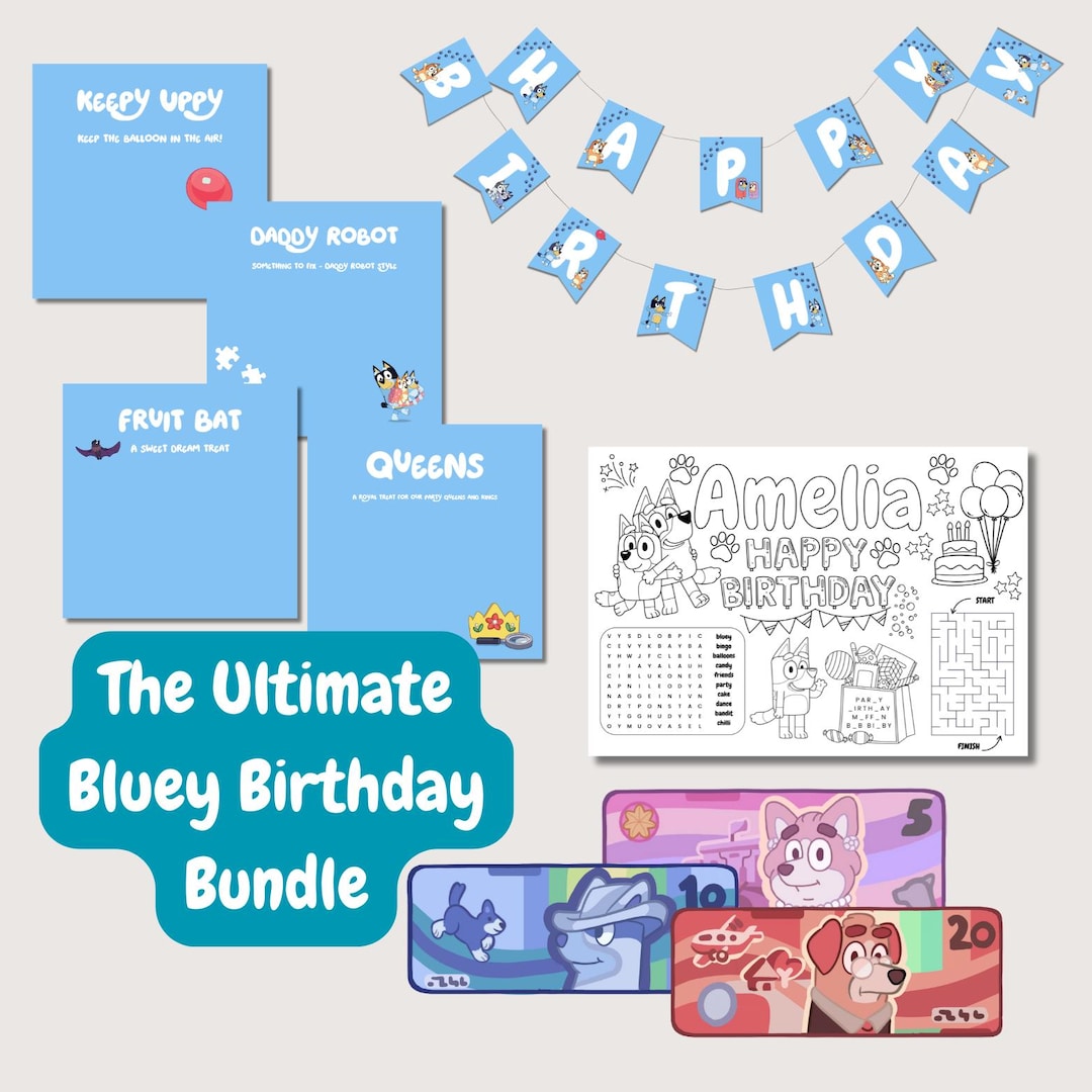 Bluey Birthday Bundle - Party Favors - Bunting - Personalised Activity ...