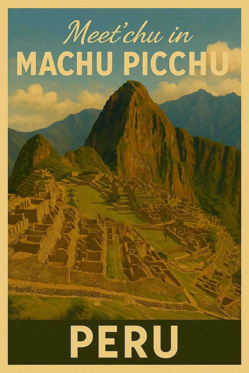 Meet’chu in Machu Picchu – Funny Printable Poster – Vintage Travel Wall ...