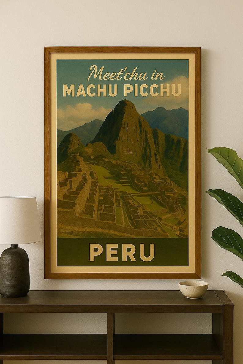 Meet’chu in Machu Picchu – Funny Printable Poster – Vintage Travel Wall ...