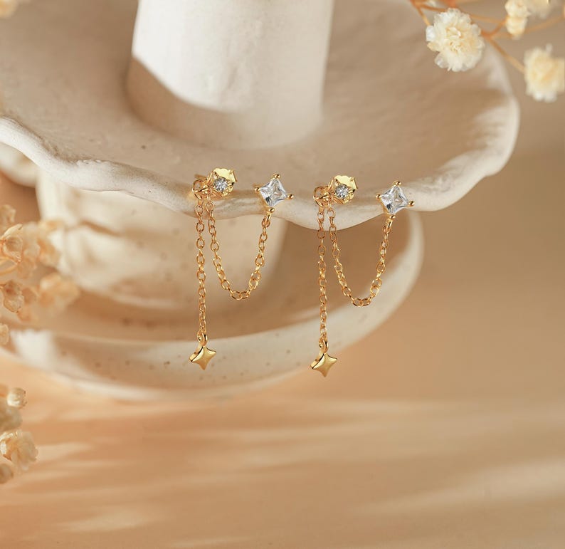 Crystal Star Double Piercing Chain Earring: 18K Gold Sterling Silver ...