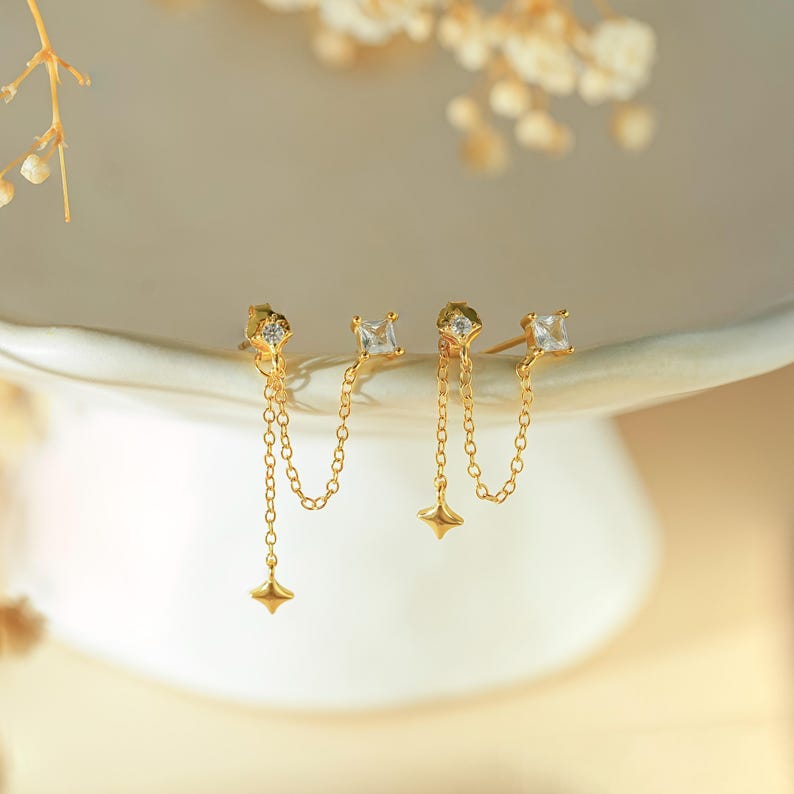 Crystal Star Double Piercing Chain Earring: 18K Gold Sterling Silver ...