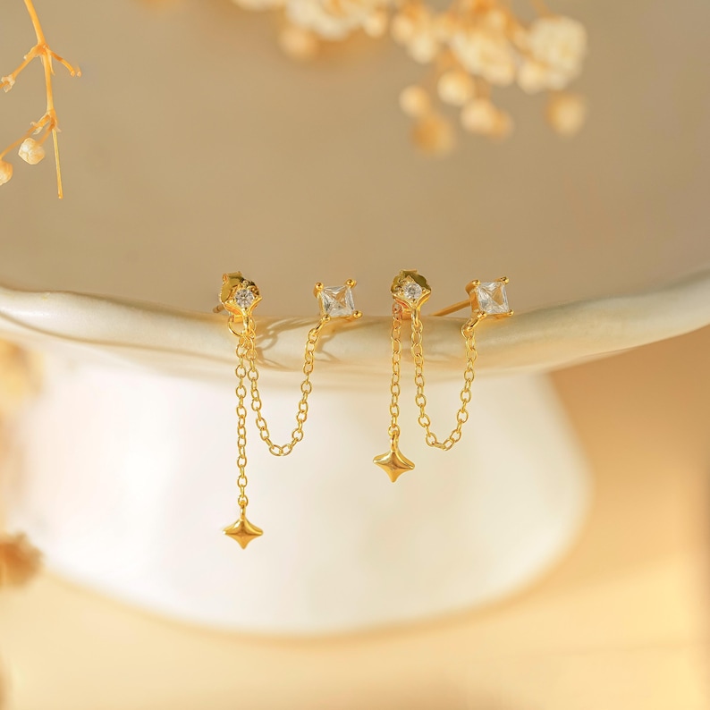 Crystal Star Double Piercing Chain Earring: 18K Gold Sterling Silver ...