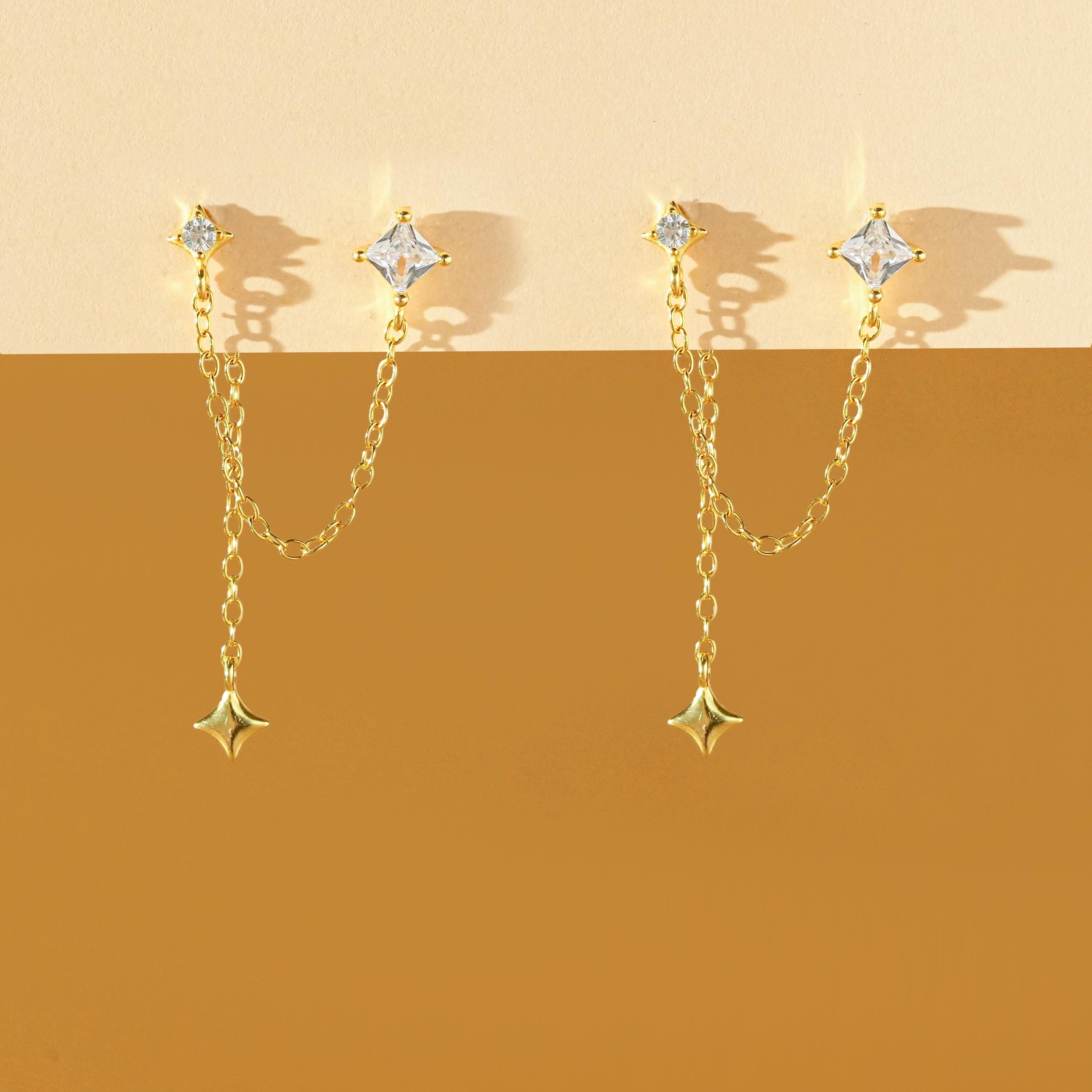 Crystal Star Double Piercing Chain Earring: 18K Gold Sterling Silver - Etsy