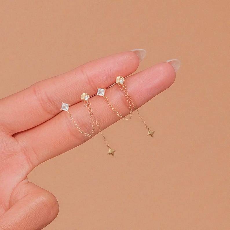 Crystal Star Double Piercing Chain Earring: 18K Gold Sterling Silver - Etsy