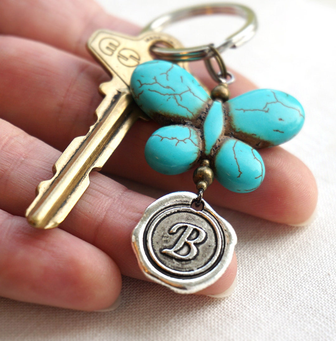 Blue Turquoise Butterfly Keychain, Personalized Keychain, Initial ...