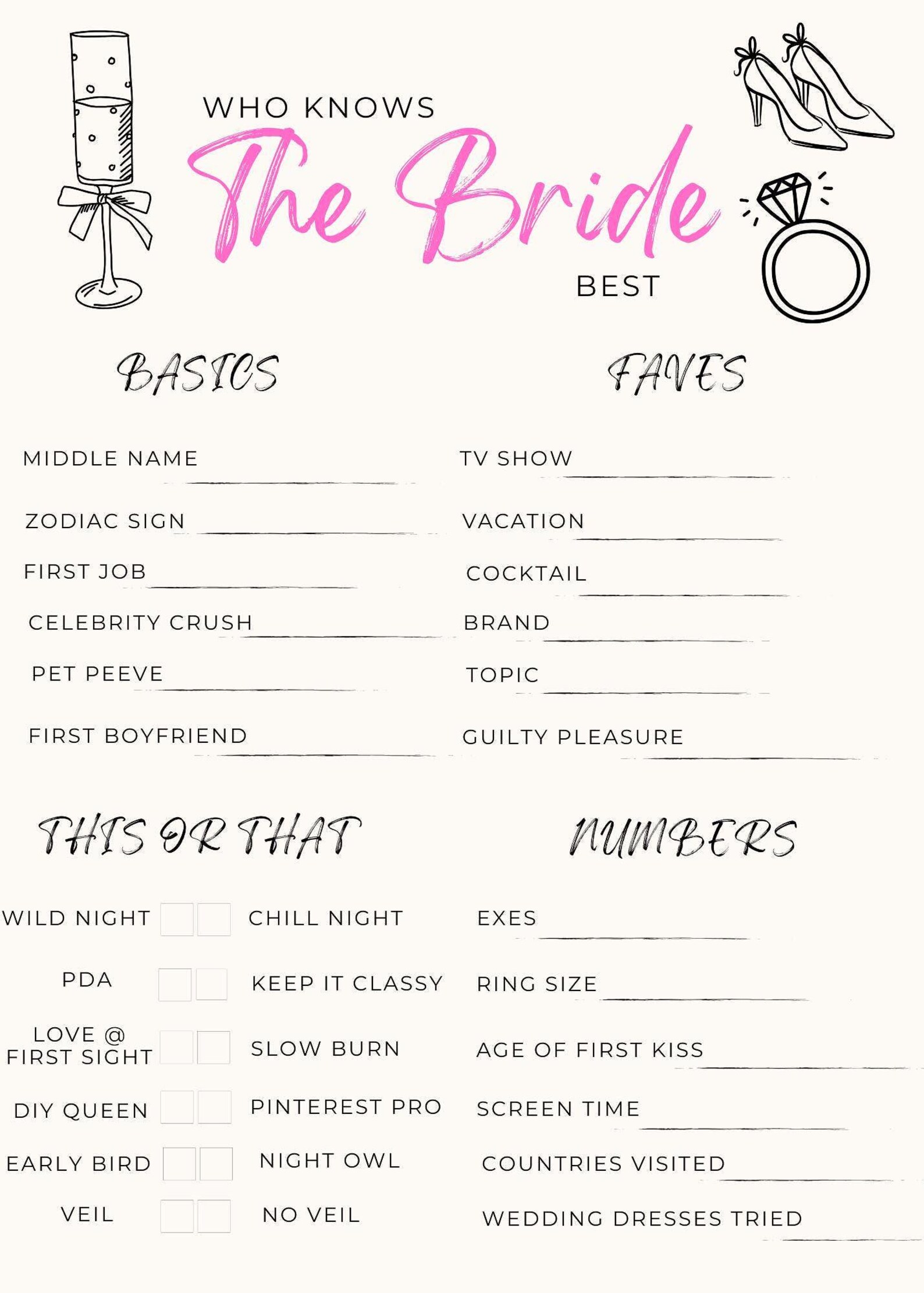 Easy Bridal Shower Game, Printable Bridal Game, Who Knows the Bride ...