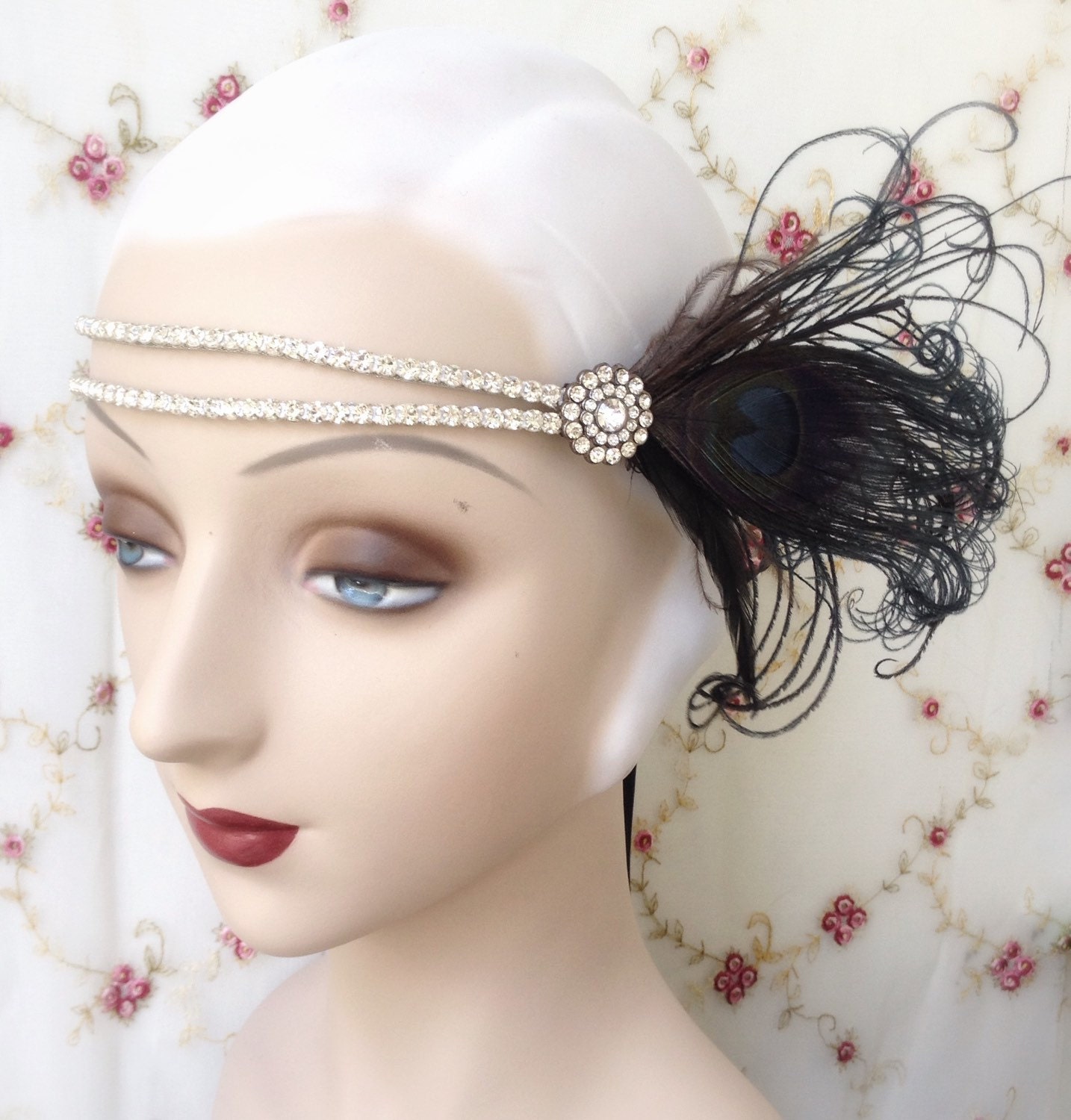 Rhinestone Flapper Feather Headpiece 1920's Style Double Band Headband ...