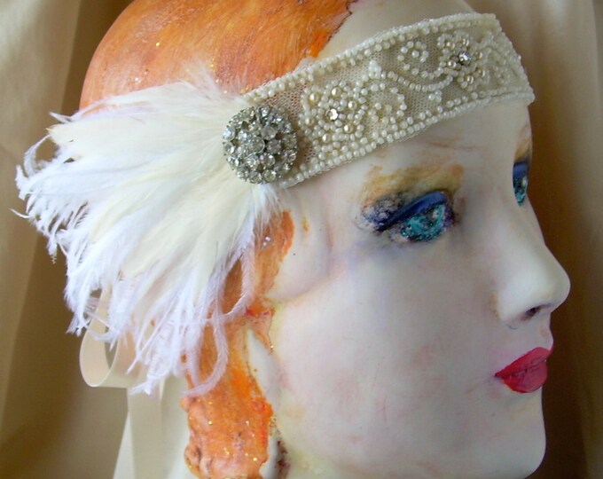 1920's Ivory Beaded Net Lace Flapper Headband With Faux - Etsy