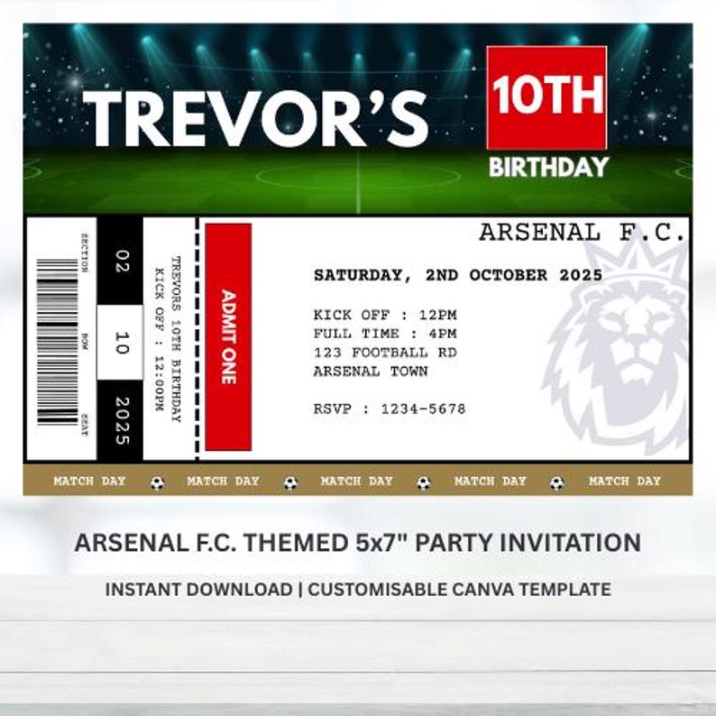 Custom Arsenal FC Birthday Invitation Template, DIY 5x7 Premier League ...