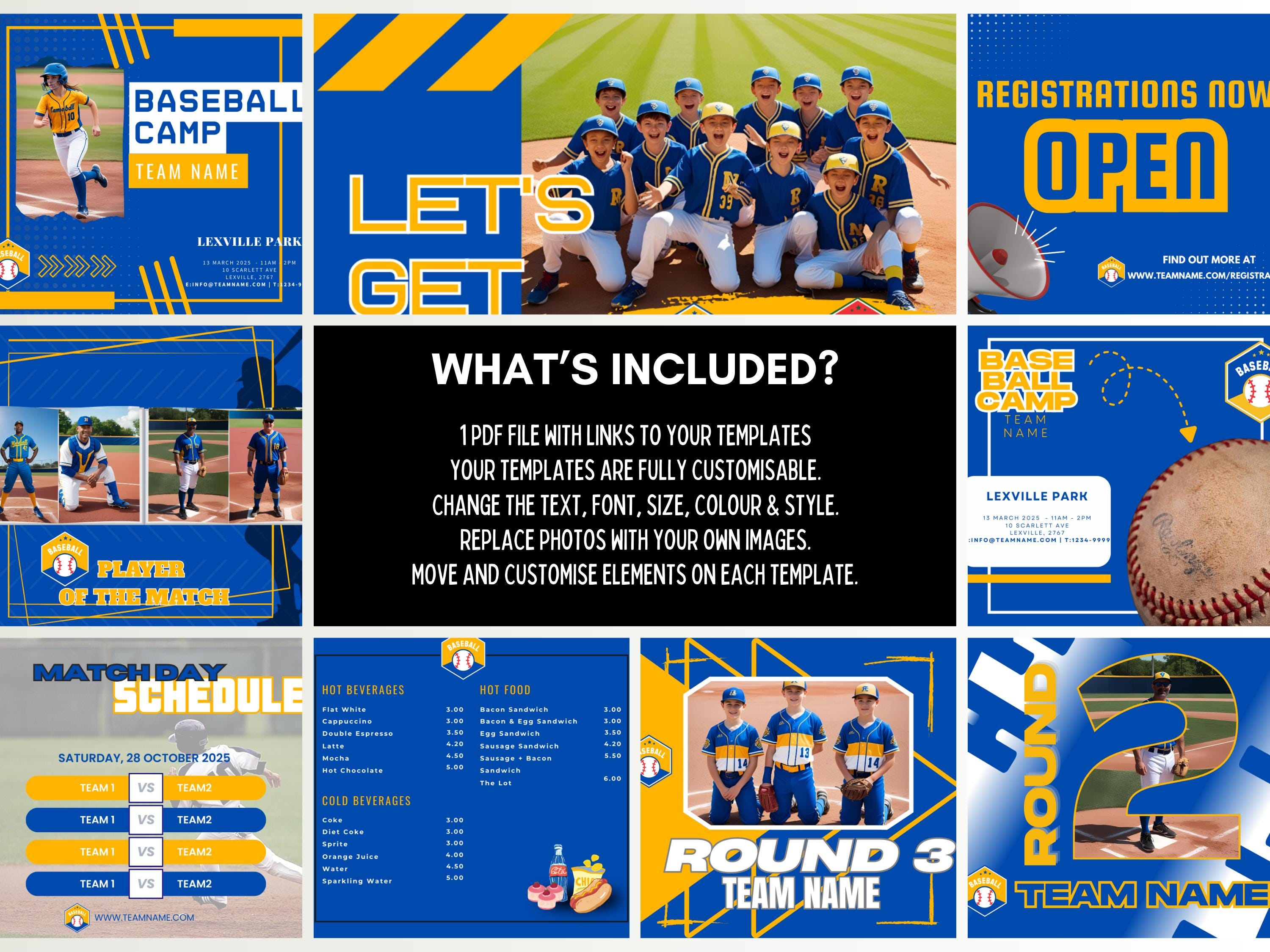BLUE YELLOW Baseball Canva Template | Customisable and Easy to Edit ...