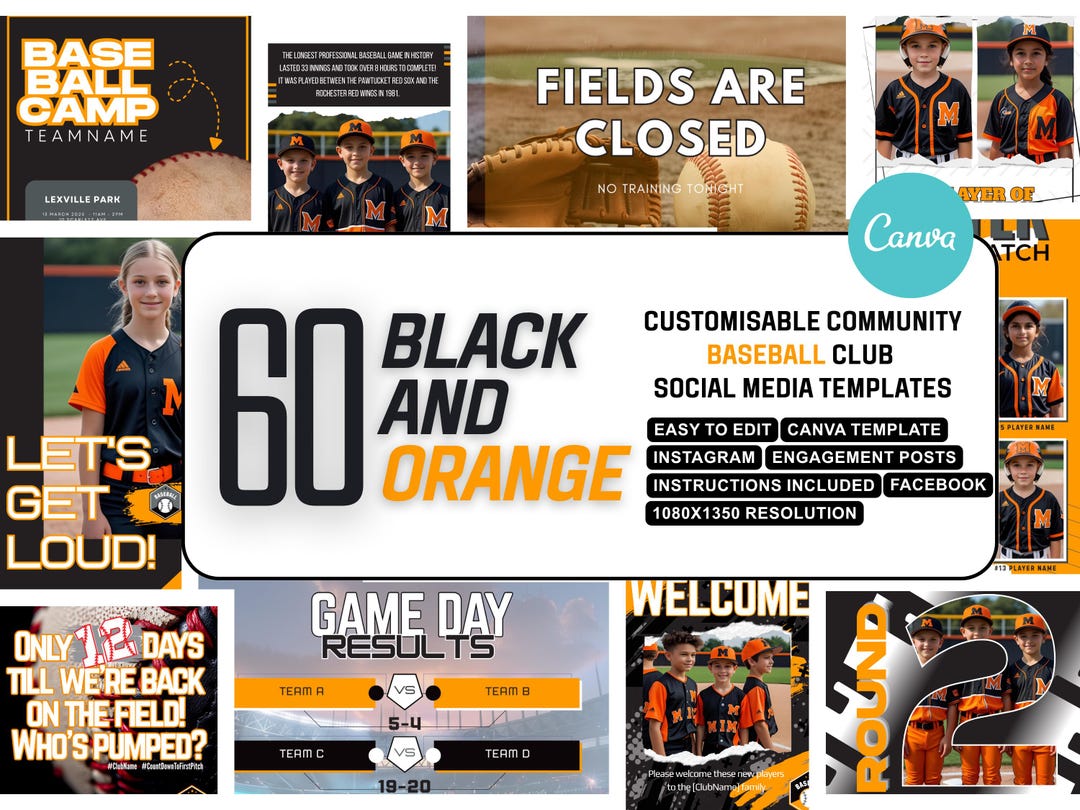 BLACK ORANGE Baseball Club Canva Template | Customisable and Easy to ...