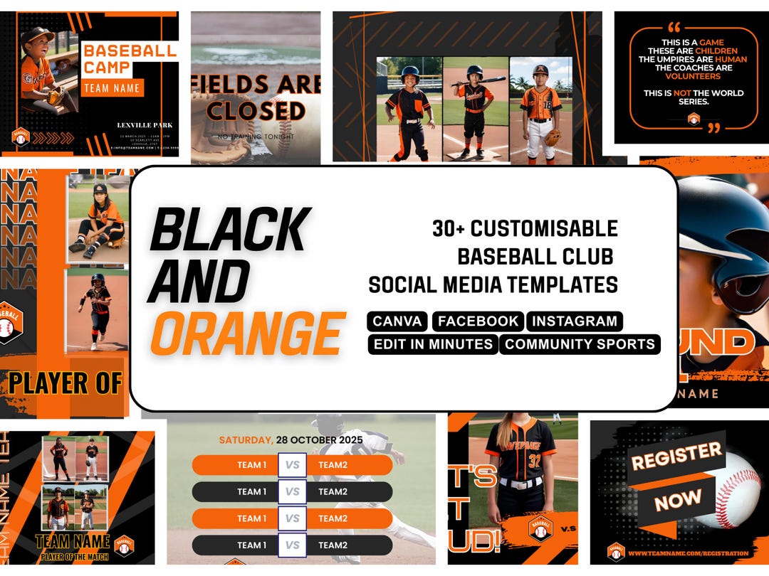 BLACK ORANGE BASEBALL Canva Template | Customisable and Easy to Edit ...