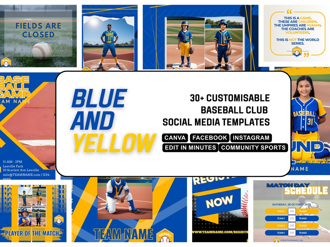 BLUE YELLOW Baseball Canva Template | Customisable and Easy to Edit ...