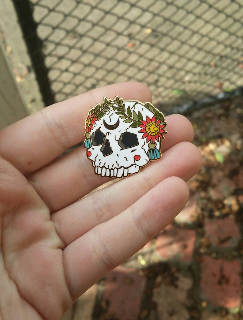 Ornate Skull Hard Enamel Pin With Floral Wreath, Skull Pin, Goth Pin ...