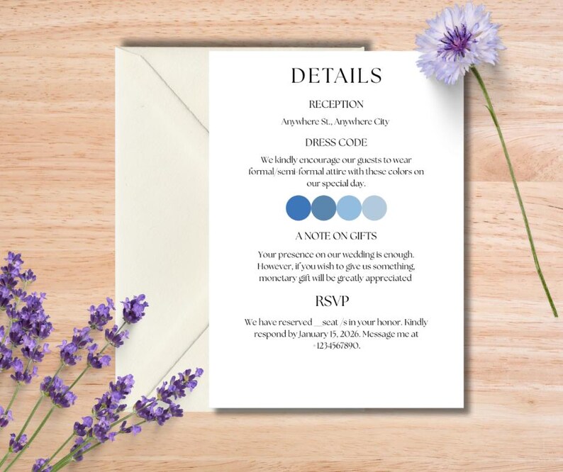 Dusty Navy Blue Floral Wedding Invitation Template, Wedding Invitation ...