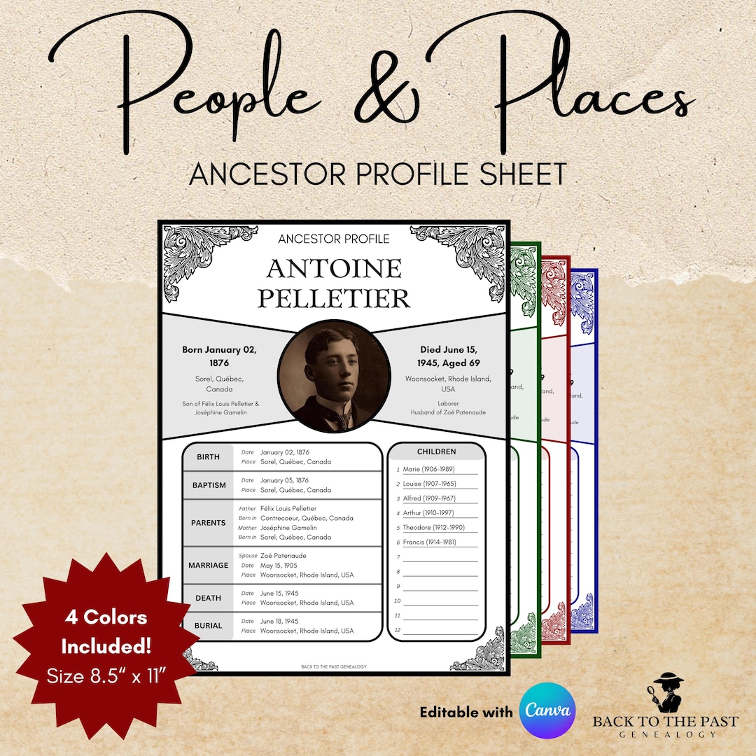 Ancestor Profile Sheets | People & Places | Easy Customizable Canva ...
