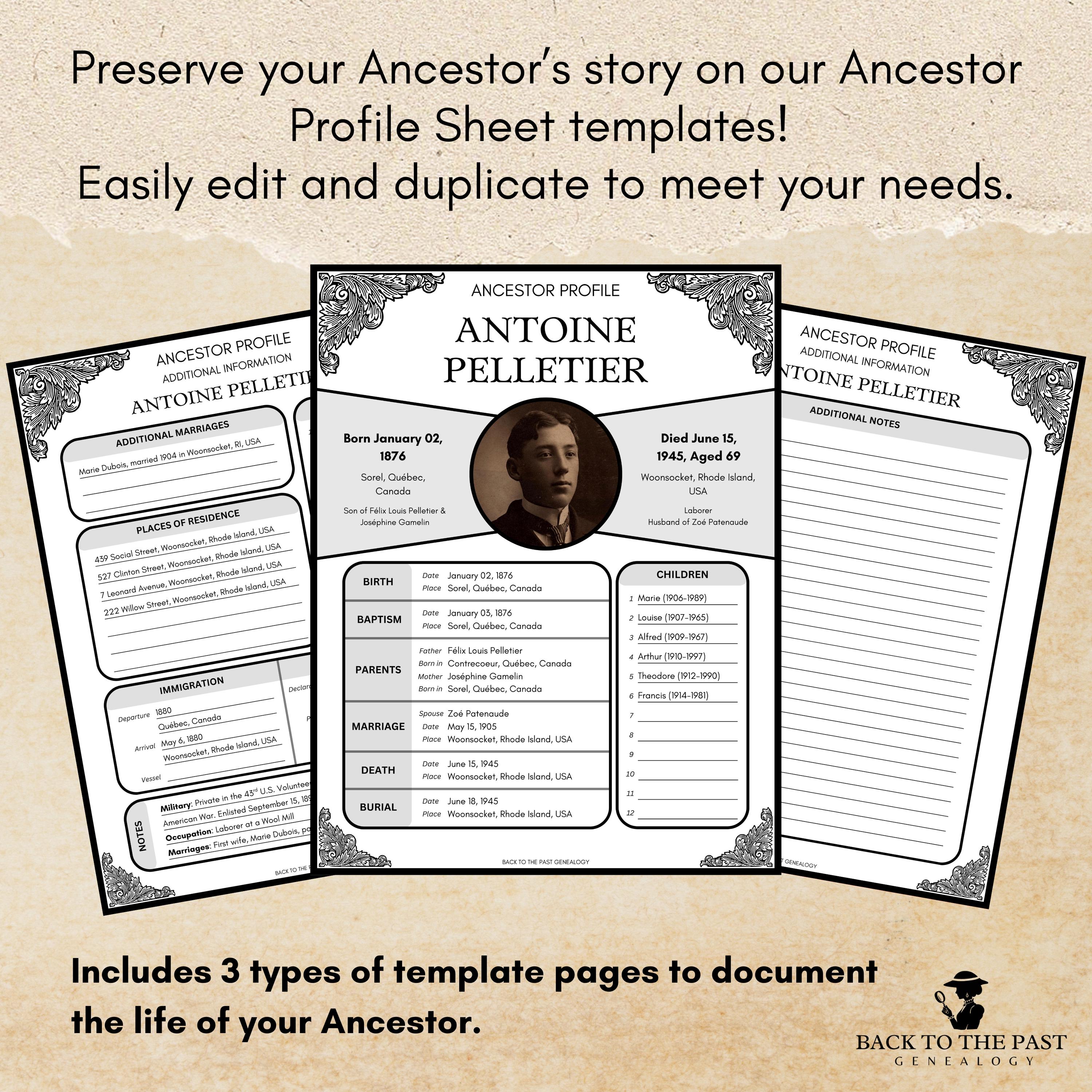 Ancestor Profile Sheets | People & Places | Easy Customizable Canva ...