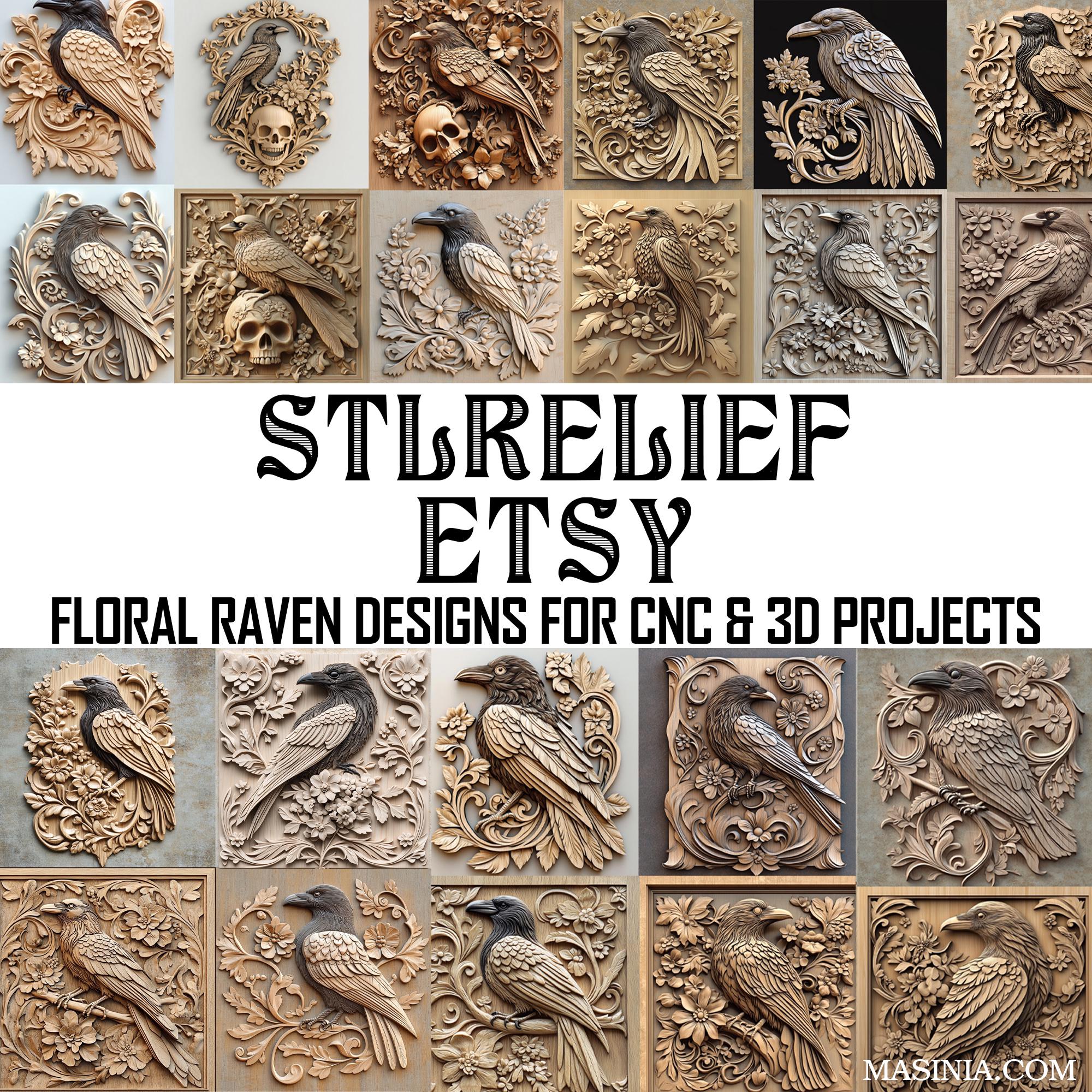 22 Floral Raven STL Designs for CNC and 3D Printing – Intricate Relief ...