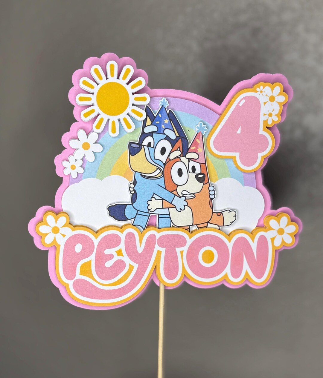 Bluey Cake Topper With Name, Bingo, Flowers, Summer Sun and Rainbow ...