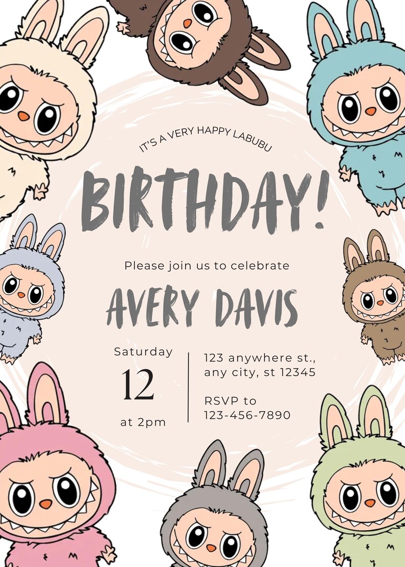 Labubu Inspired Birthday Invitation: Editable Canva Template (5x7 Inch ...