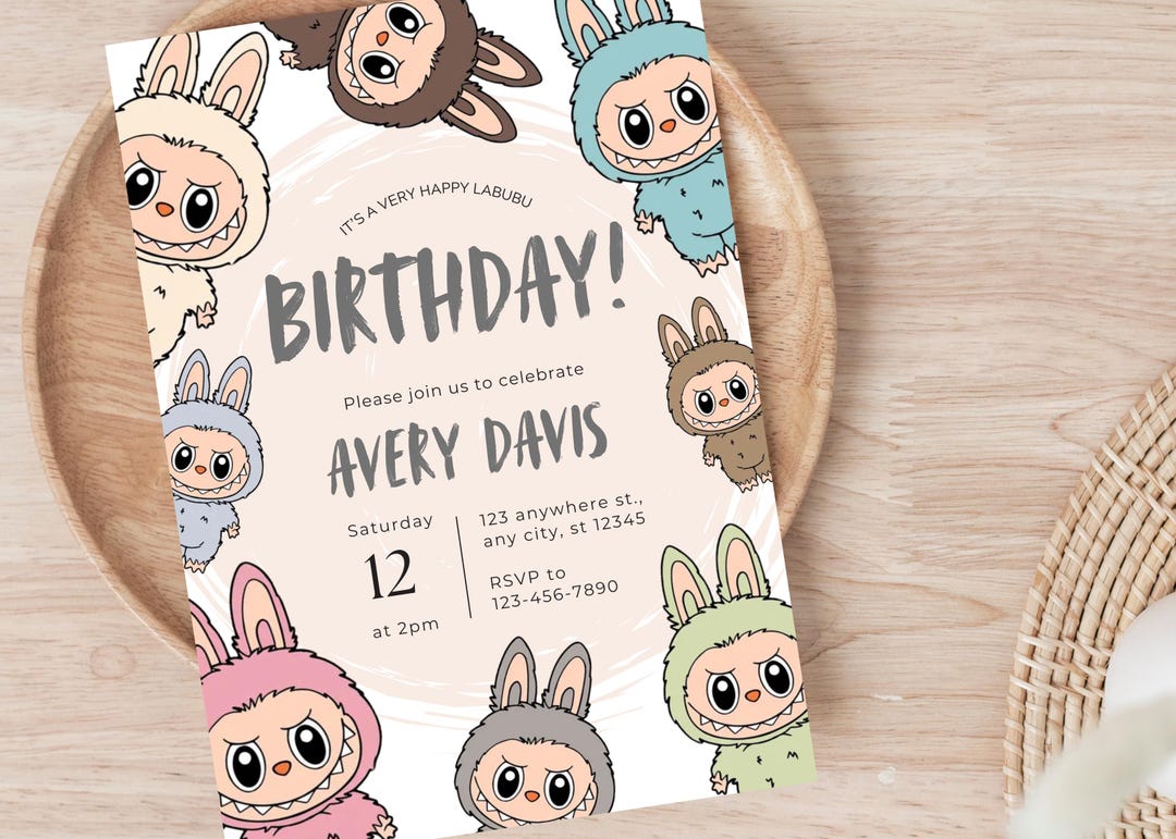 Labubu Inspired Birthday Invitation: Editable Canva Template (5x7 Inch ...
