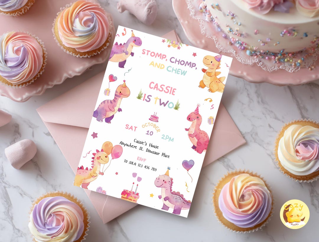 Stomp Chomp and Chew She’s Two Birthday Invite Dino Girl 2nd Birthday ...