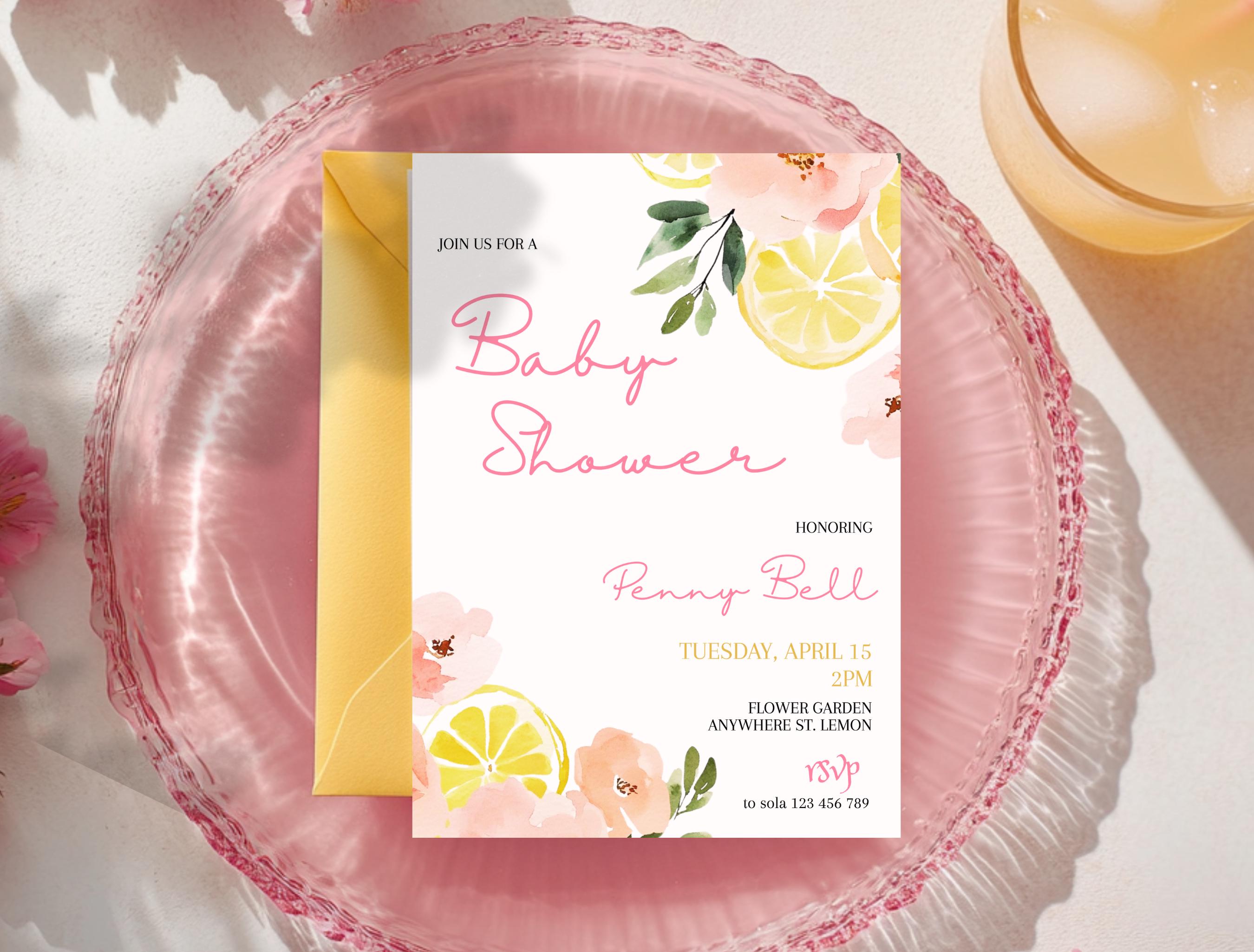 Pink Lemonade Baby Shower Invitation Citrus Baby Girl Invite Editable ...