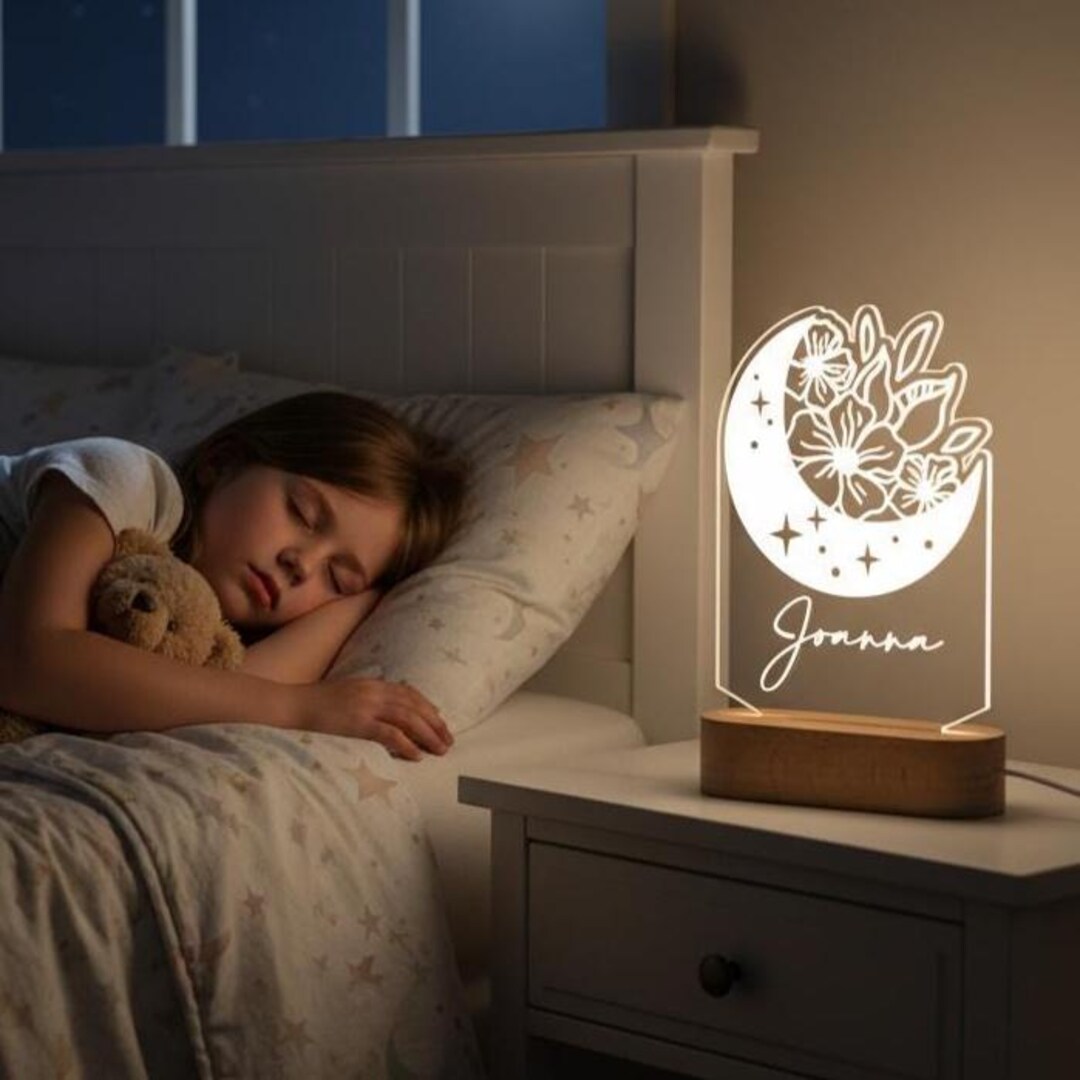 Moon Theme Floral Elements Night Light, Line Art Moon Decorative LED ...
