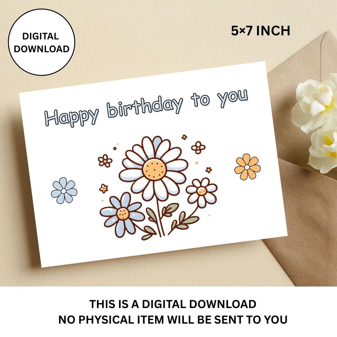 Cute Blue Floral Birthday Card | Printable Digital Greeting - Etsy