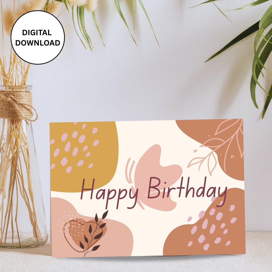 Printable Boho Birthday Card | Abstract Butterfly Greeting | Digital ...