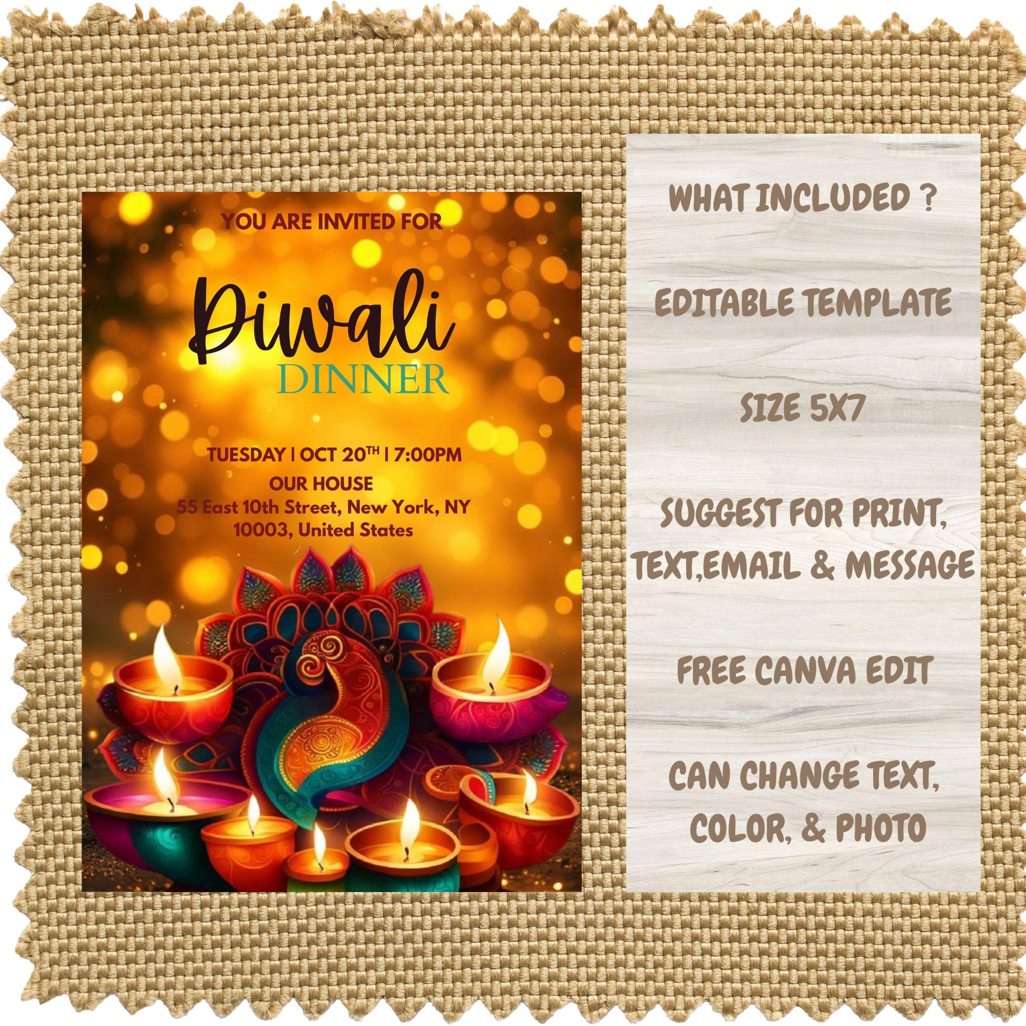 Editable Happy Diwali Invitation Template: Printable 5x7 Design (PDF ...