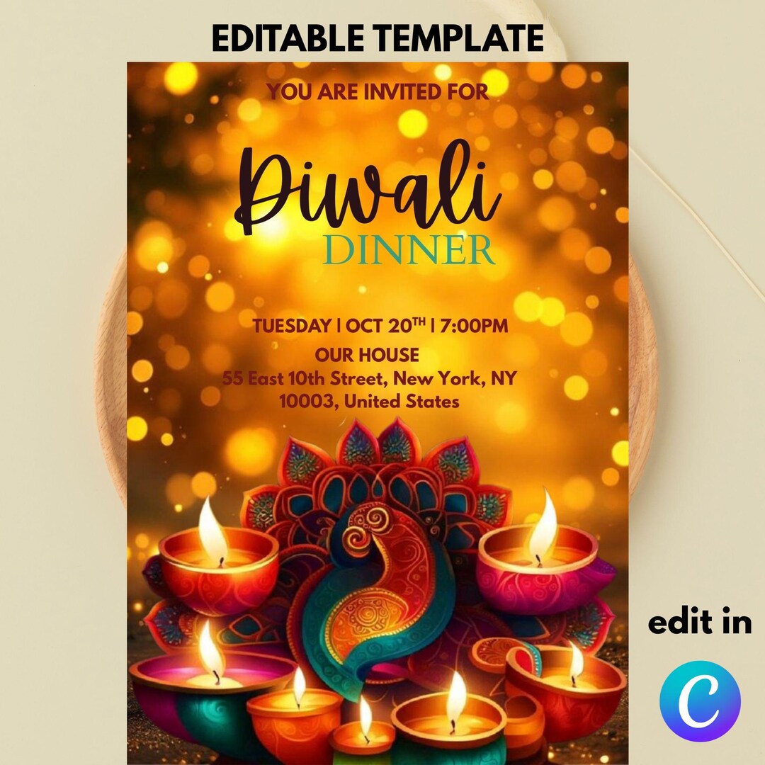 Editable Happy Diwali Invitation Template: Printable 5x7 Design (PDF ...