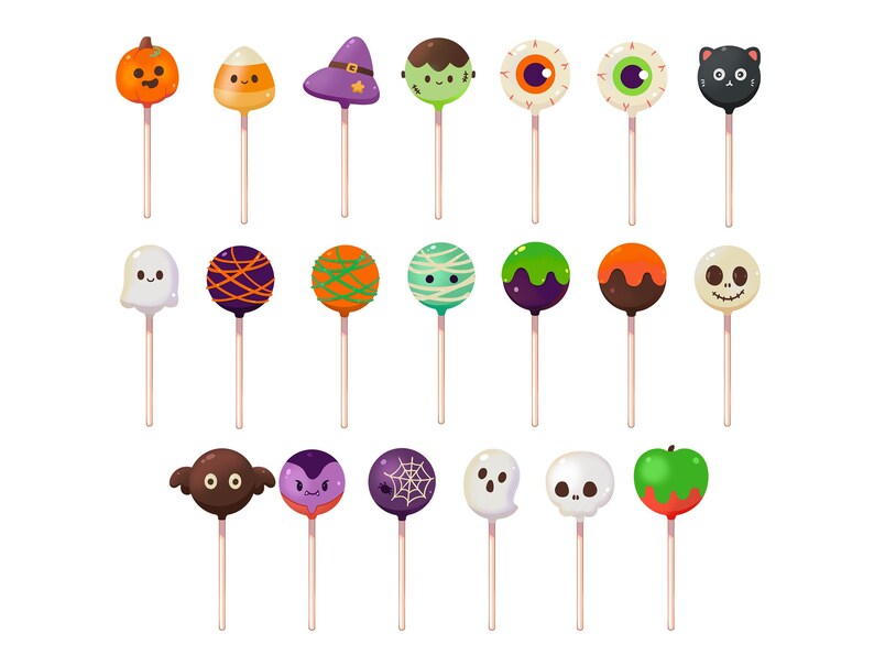 Kawaii Halloween Cake Pops Clipart Bundle | Ghost, Witch, Pumpkin, Bat ...