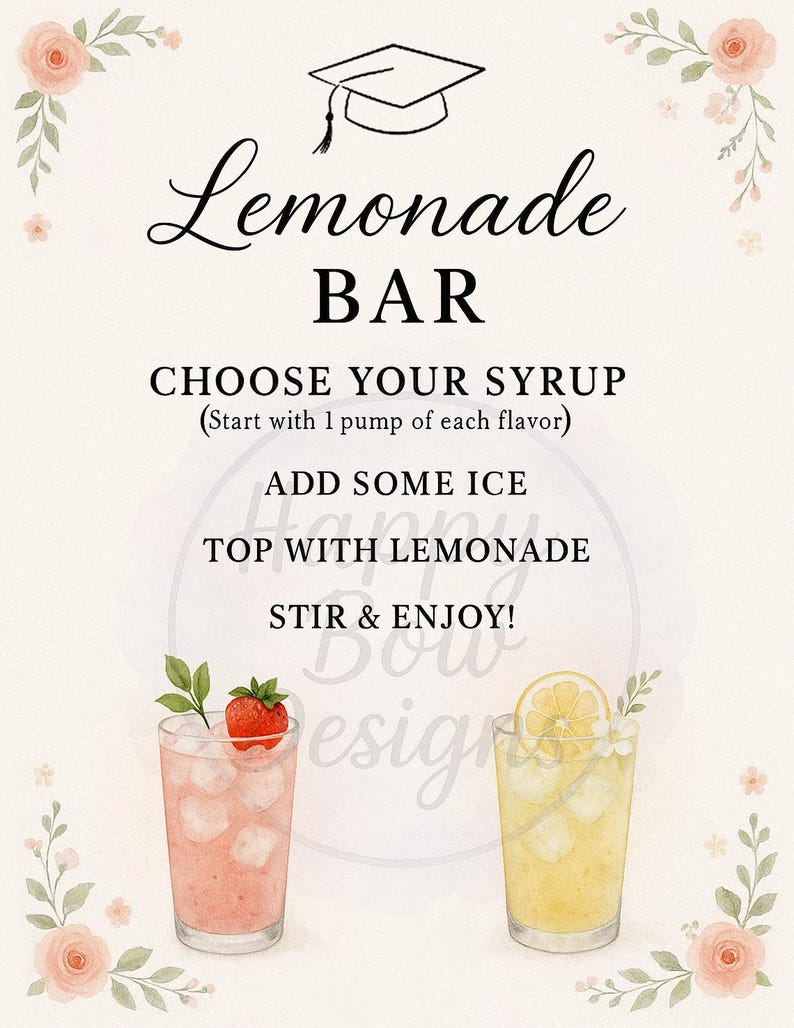 Printable Boho Graduation Party Lemonade Bar Menu Sign Class 2025 Grad ...