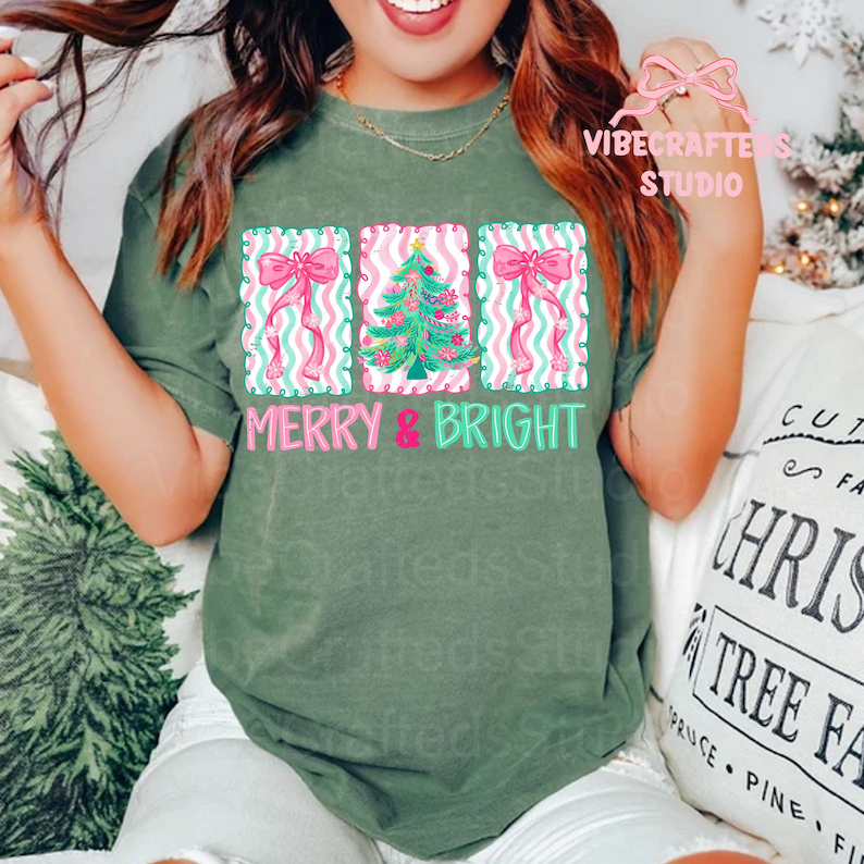 Floral Preppy Christmas Tree Bow Png, Merry & Bright Png, Floral ...