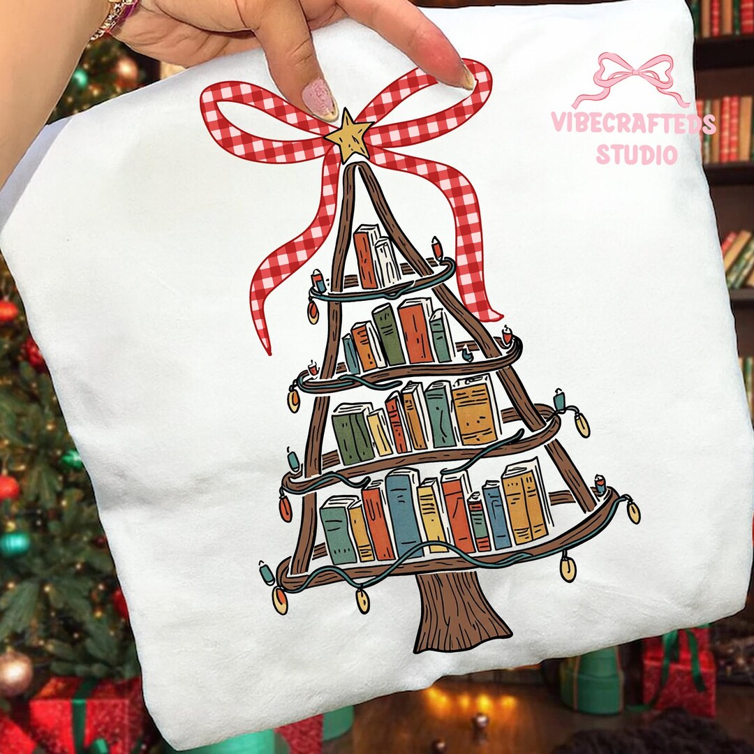 Merry Bookmas Book Tree PNG, Christmas Bookshelf Tree Sublimation, Book ...