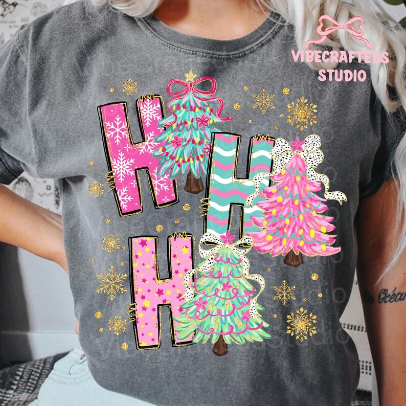 Colorful Ho Ho Ho Christmas Tree, Floral Preppy Christmas Tree Bow Png ...