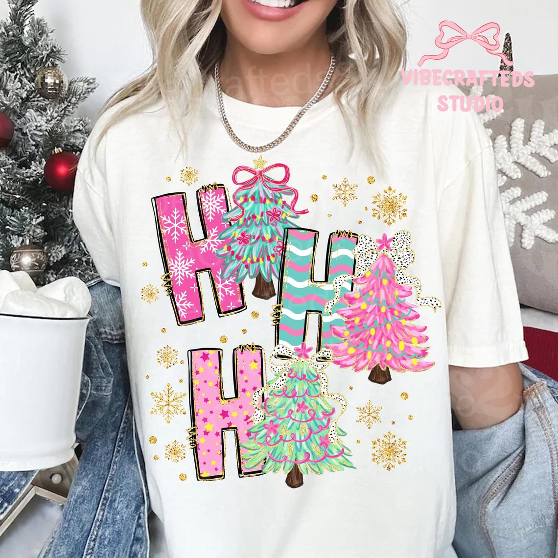 Colorful Ho Ho Ho Christmas Tree, Floral Preppy Christmas Tree Bow Png ...