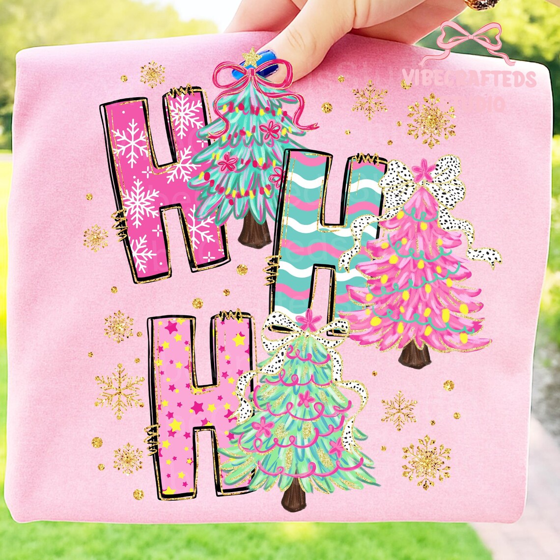 Colorful Ho Ho Ho Christmas Tree, Floral Preppy Christmas Tree Bow Png ...