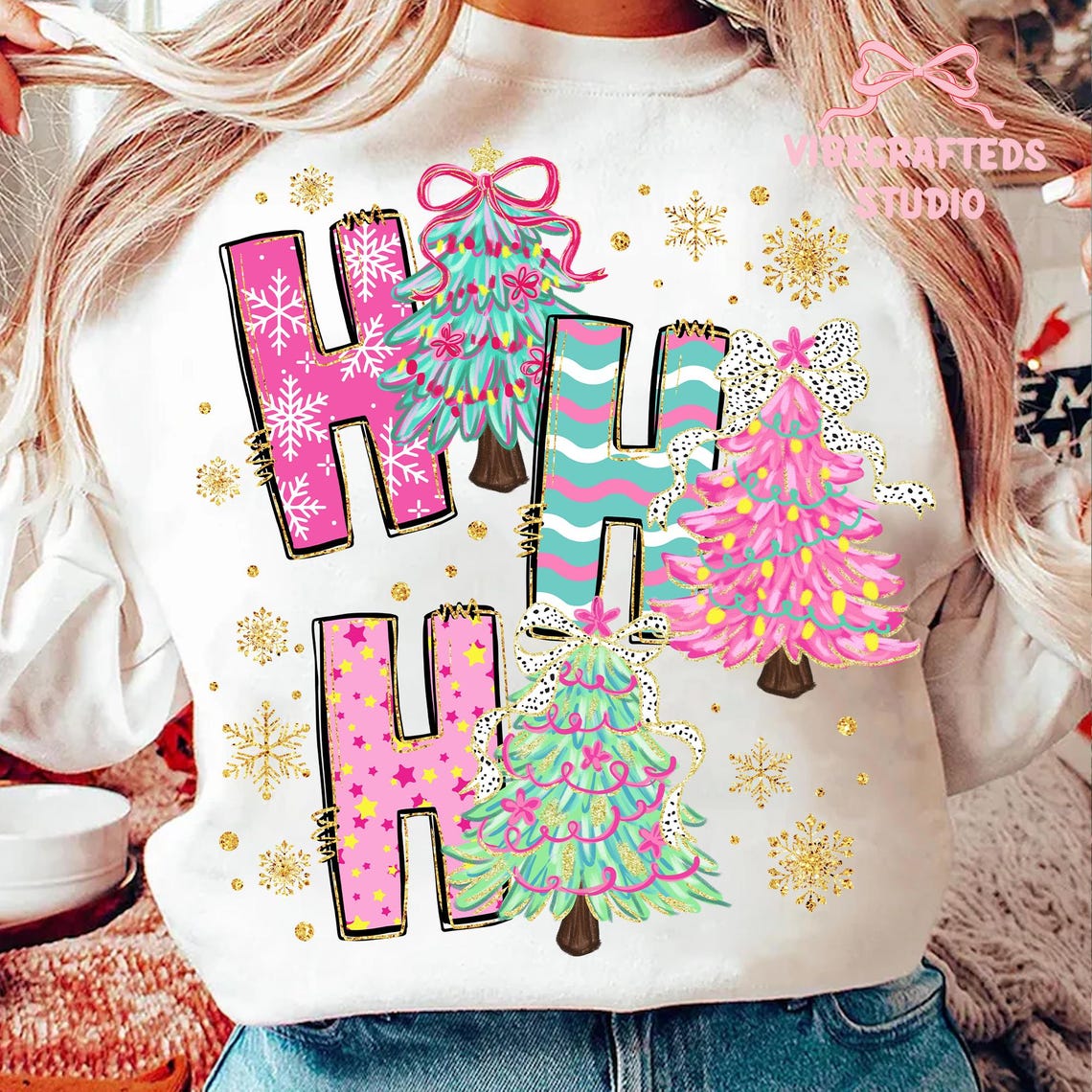 Colorful Ho Ho Ho Christmas Tree, Floral Preppy Christmas Tree Bow Png ...