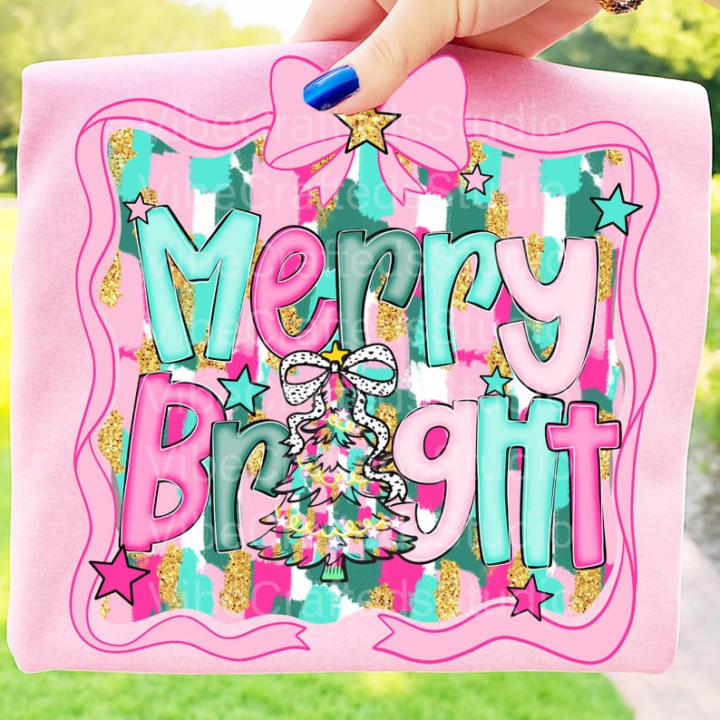 Pink Blue Preppy Christmas Png Bundle, Merry & Bright Png, Floral ...