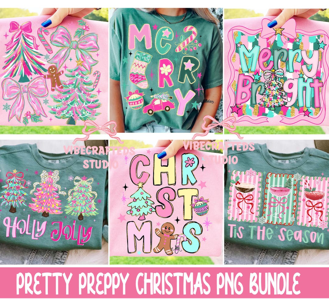 Pink Blue Preppy Christmas Png Bundle, Merry & Bright Png, Floral ...