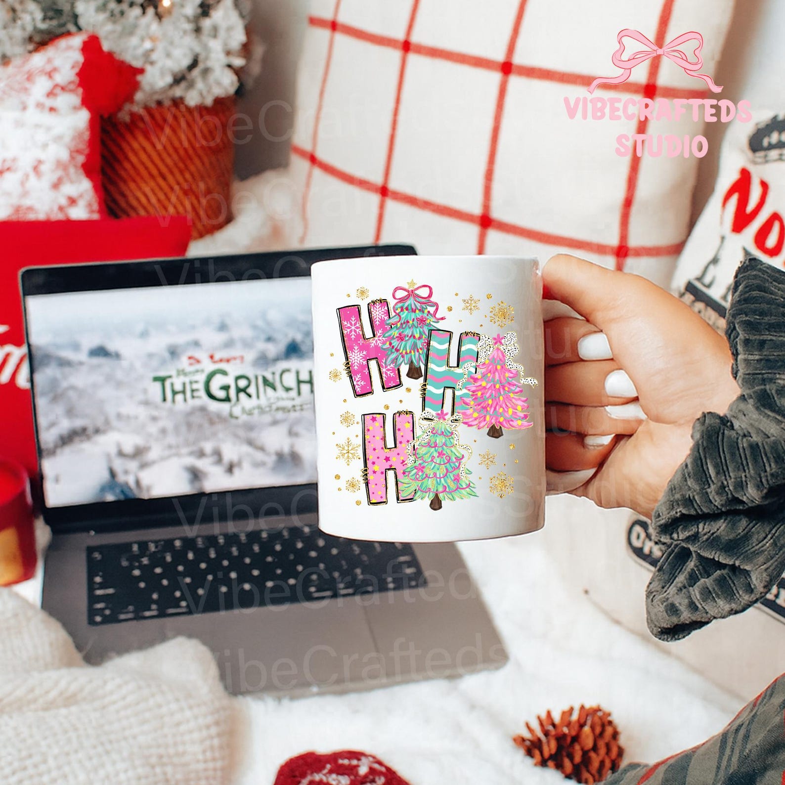 Colorful Ho Ho Ho Christmas Tree, Floral Preppy Christmas Tree Bow Png ...