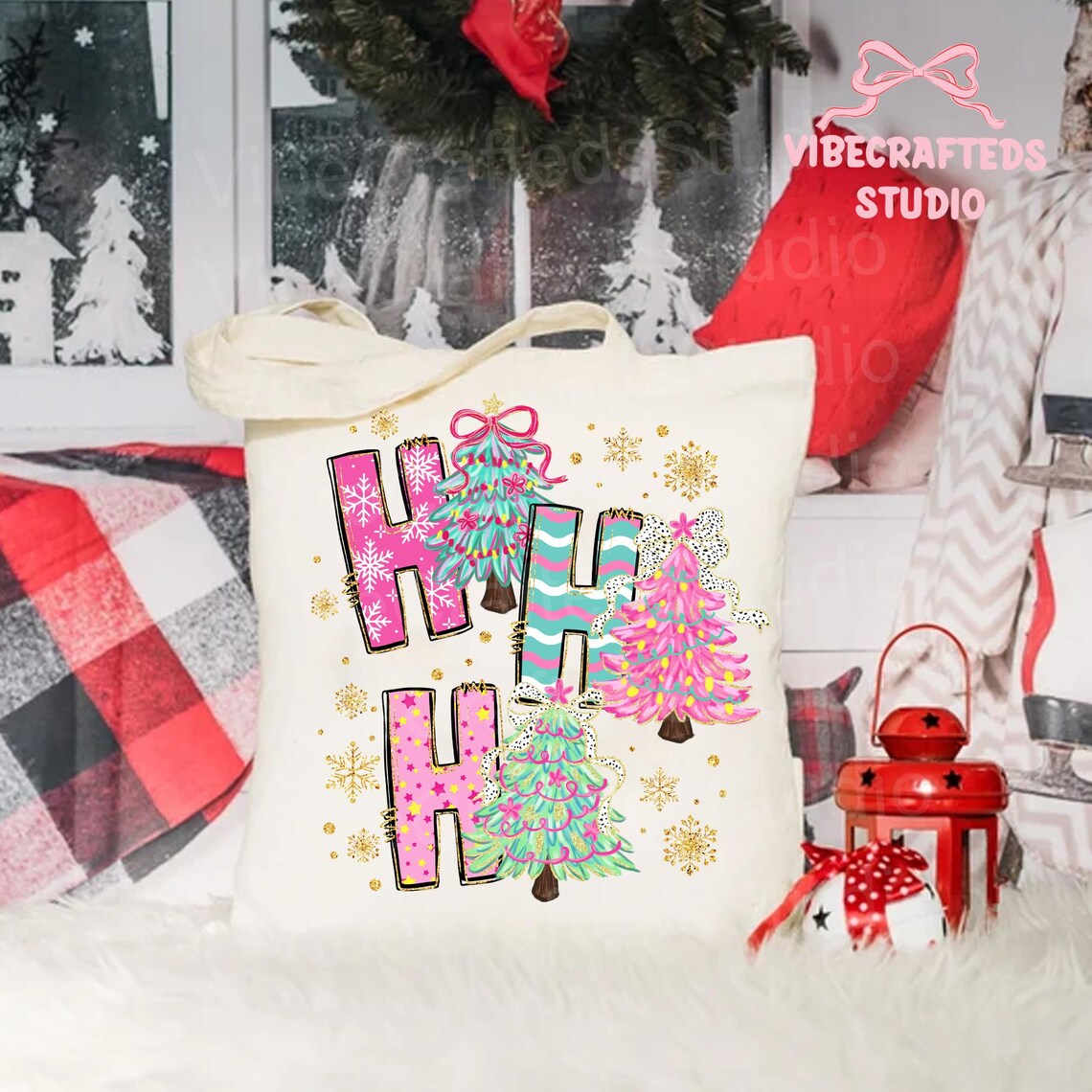 Colorful Ho Ho Ho Christmas Tree, Floral Preppy Christmas Tree Bow Png ...