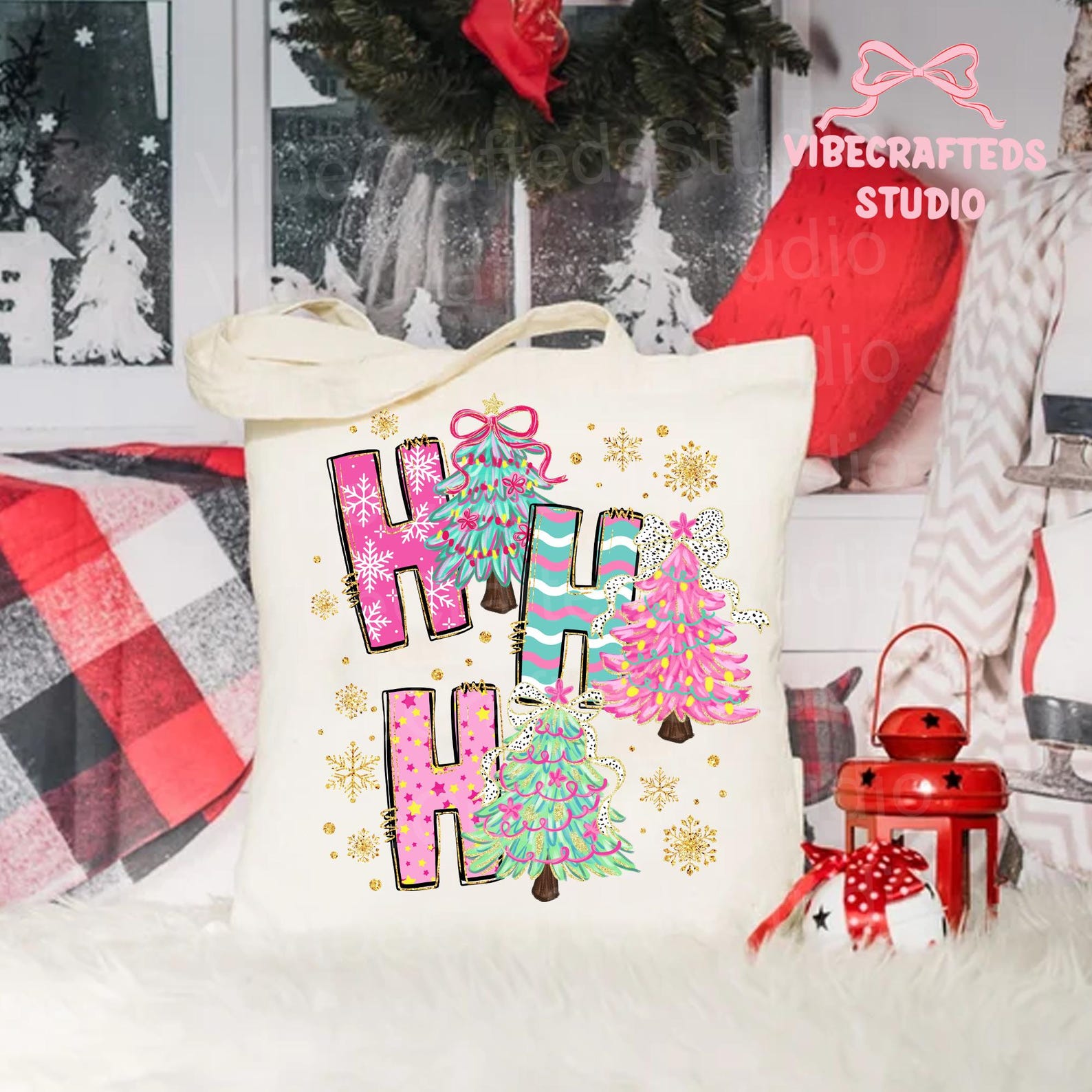 Colorful Ho Ho Ho Christmas Tree, Floral Preppy Christmas Tree Bow Png ...