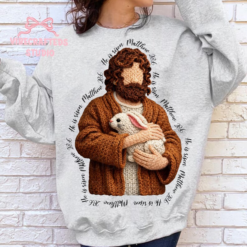 Faux Yarn Knitted Jesus Png, He is Risen Png, Jesus Holding Bunny ...