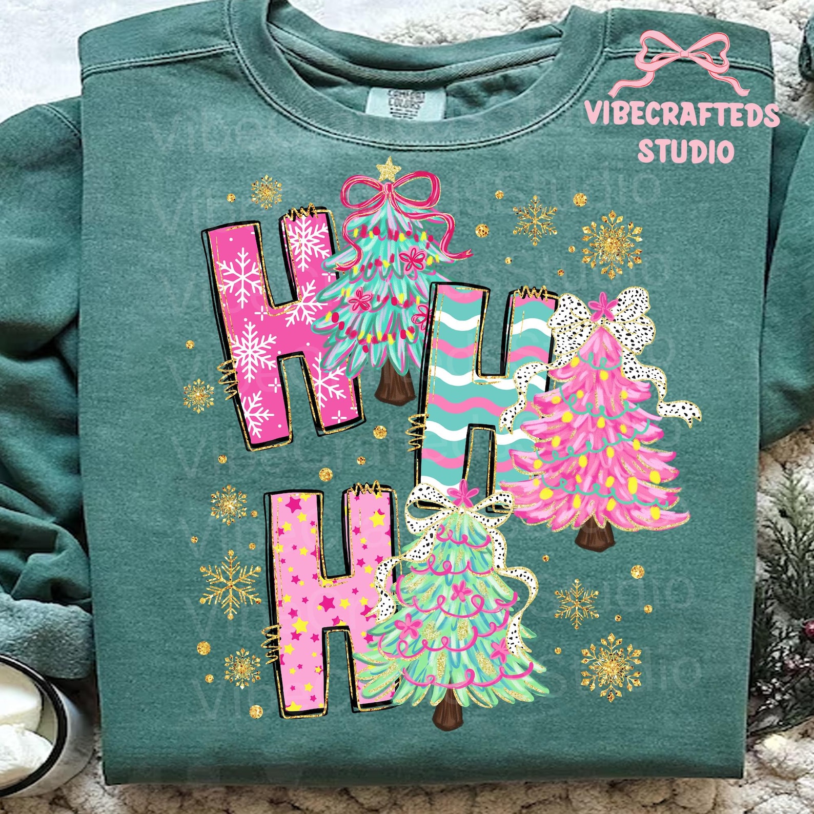 Colorful Ho Ho Ho Christmas Tree, Floral Preppy Christmas Tree Bow Png ...