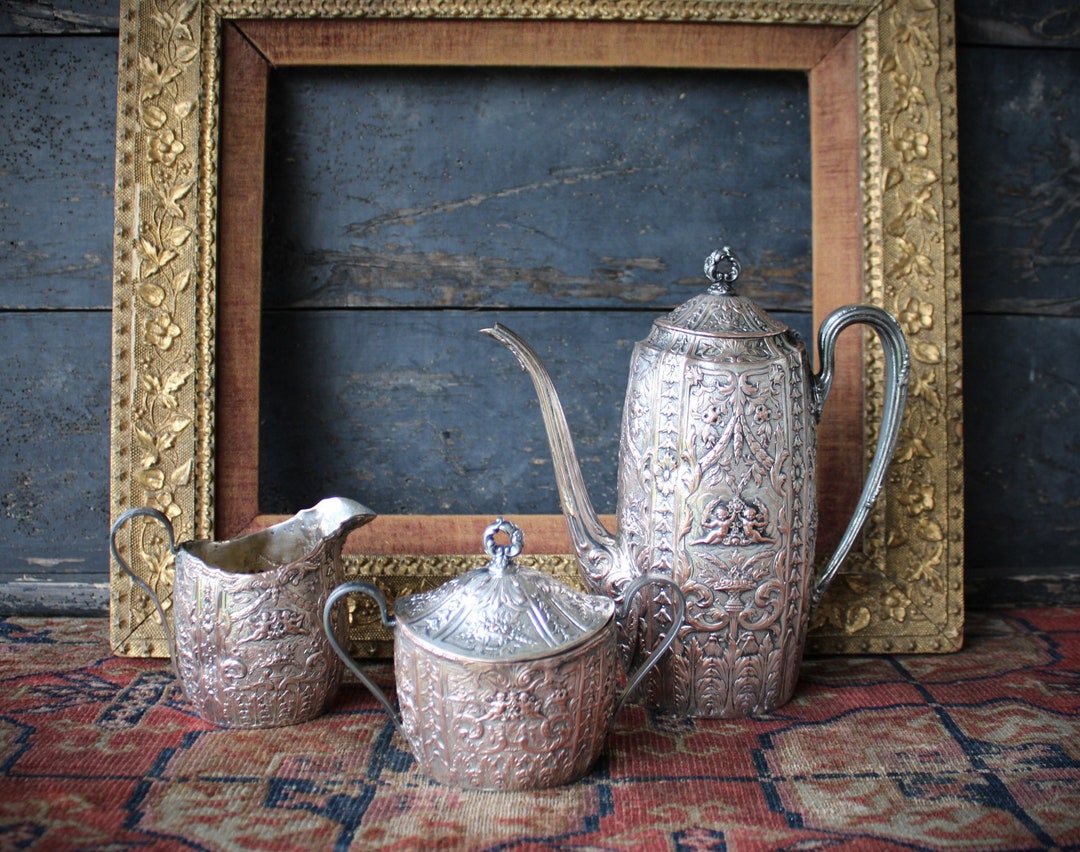 Antique E G Webster & Son Repousse Silverplate 3 Piece Tea Set With ...