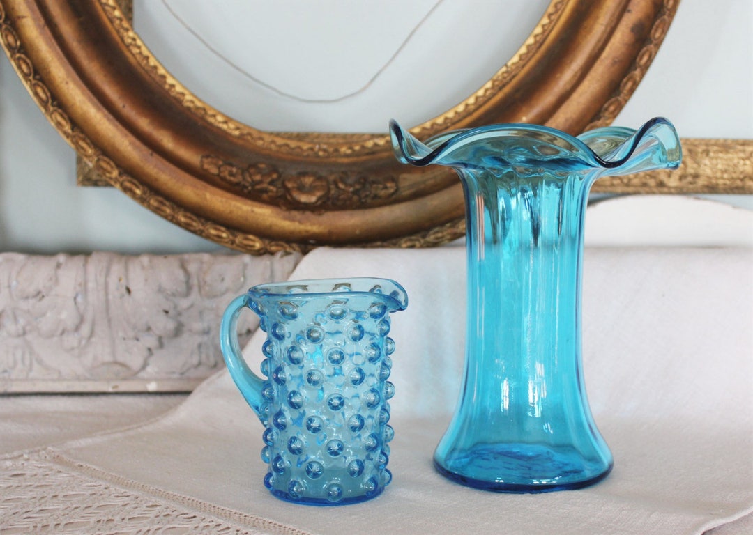 2 Antique Victorian Blown Blue Glass Vase and Pitcher - Etsy