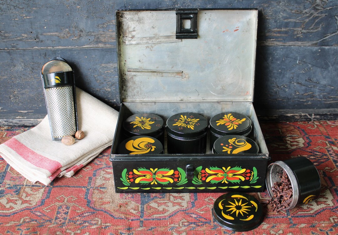 Antique Farmhouse Toleware Spice Tin Box With 6 Spice Tins - Etsy